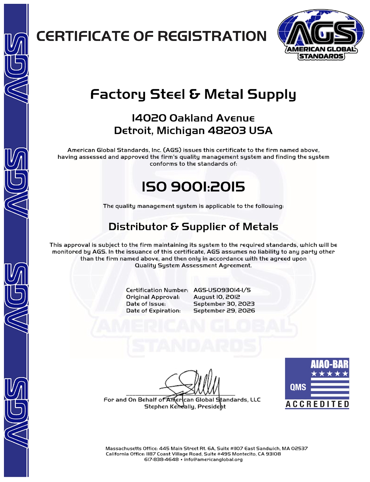 ISO Certification – Factory Steel & Metal Supply Co.