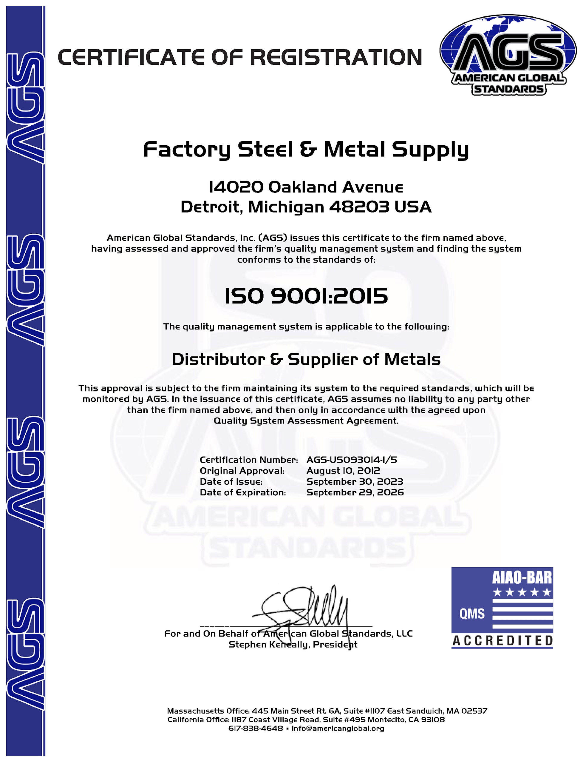 ISO Certification – Factory Steel & Metal Supply Co.